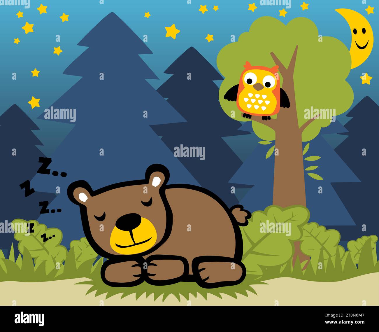 Cute bear sleeping with funny owl on tree at night under crescent moon ...