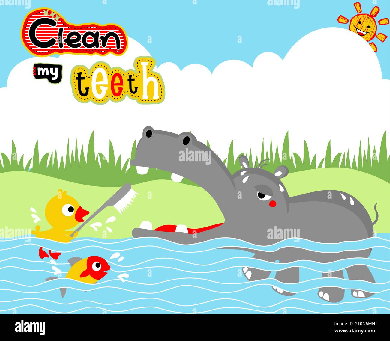 Funny animals in river, little duck brushing hippo teeth, vector ...