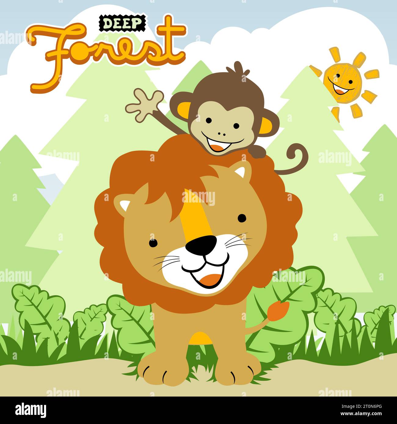 Cute lion with little monkey in forest, vector cartoon illustration ...