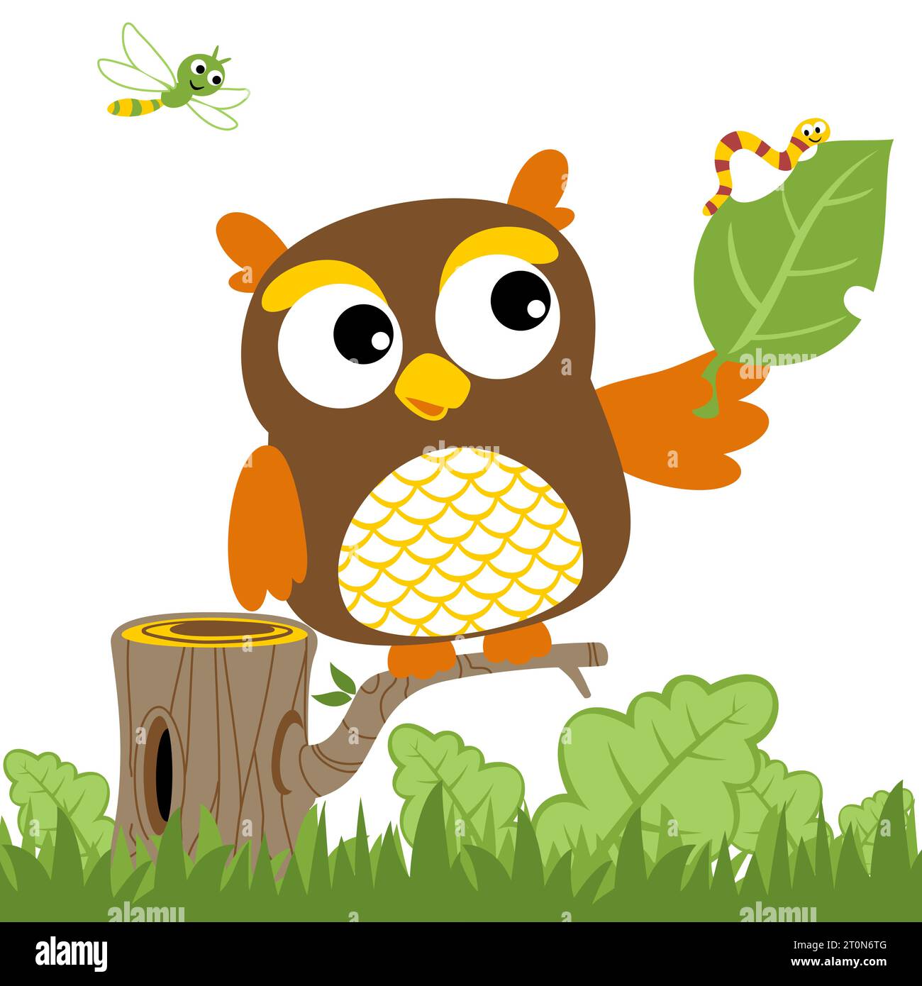 Nice owl on tree branches holding leaf with insects, vector cartoon ...
