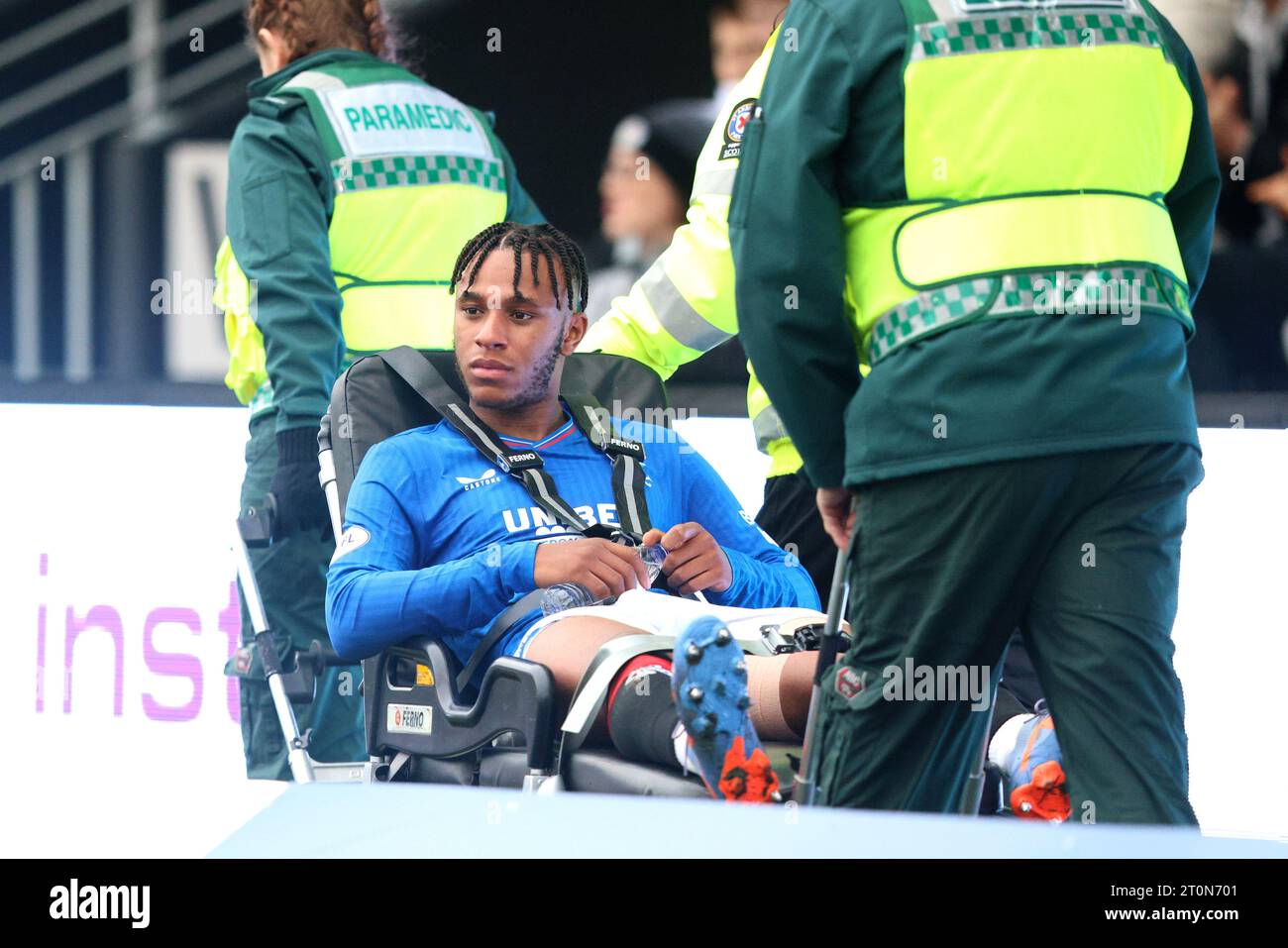 Rangers' Zak Lovelace on a stretcher after picking an injury during the ...