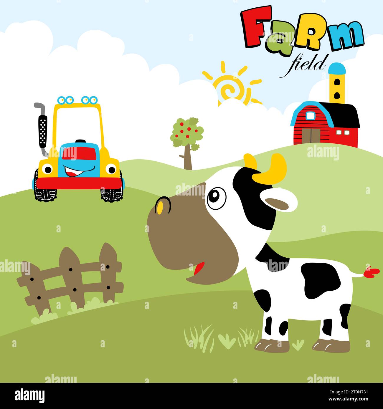 Funny cow with tractor in farm field, vector cartoon illustration Stock ...