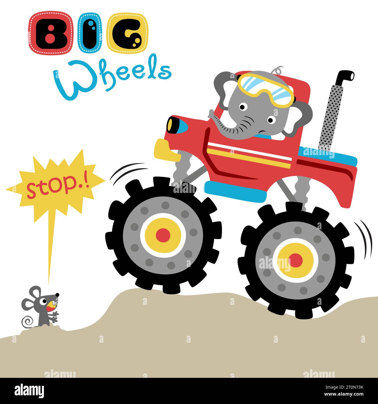 Cute elephant on monster truck with little mouse on ground, vector ...