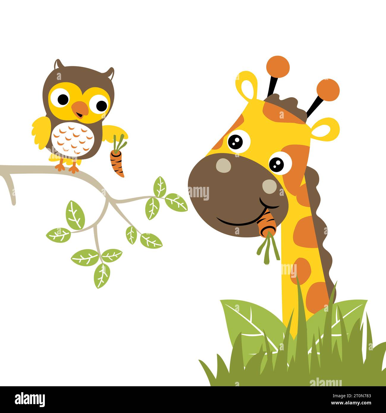 Nice giraffe eating carrot with owl holding carrot on tree branches ...