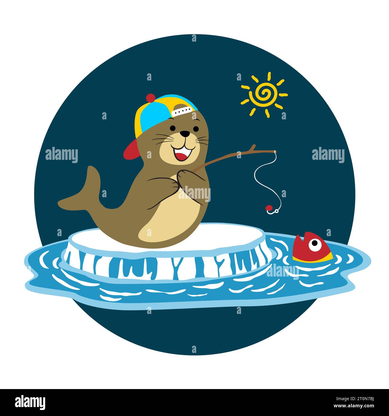Funny walrus fishing on ice chunk, vector cartoon illustration Stock ...
