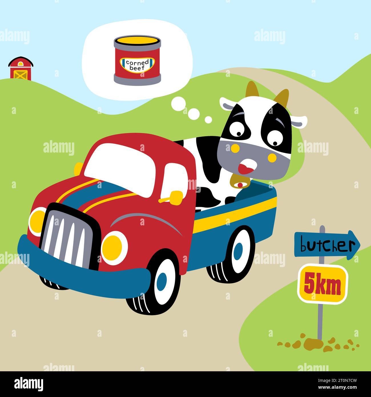 A frightened cow on a truck in farmyard background, vector cartoon ...