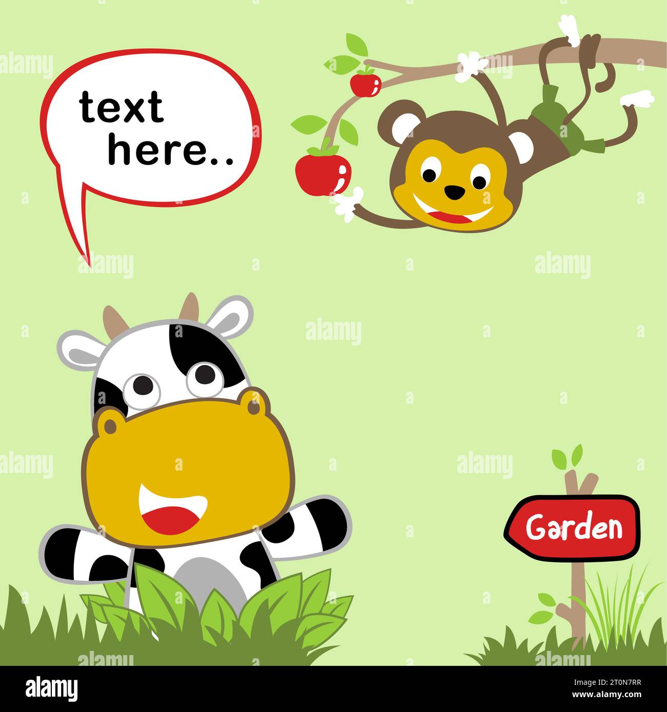 vector cartoon illustration of cute cow with monkey on tree branches ...