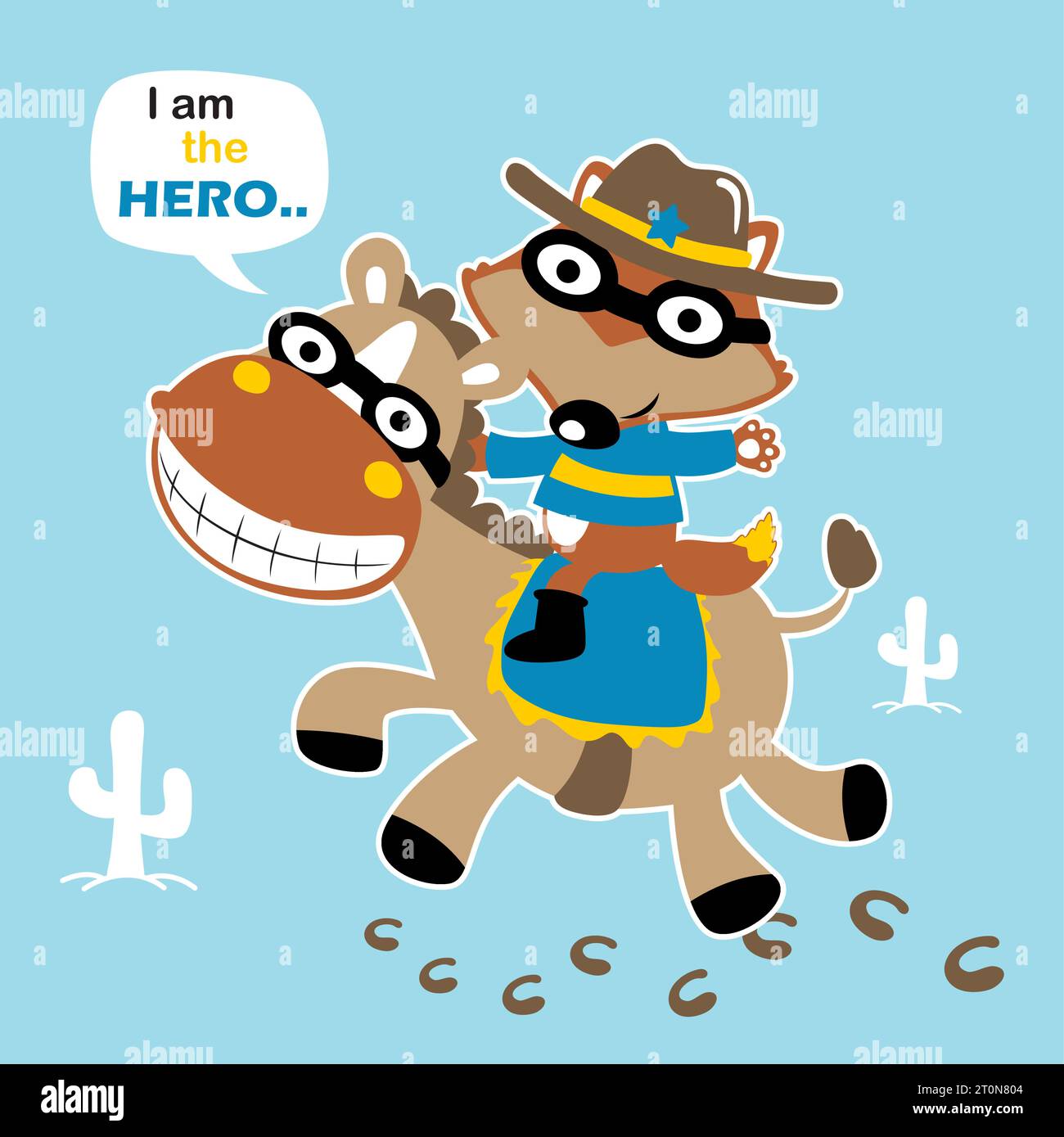 Cute fox in superhero costume ride on funny horse, vector cartoon ...