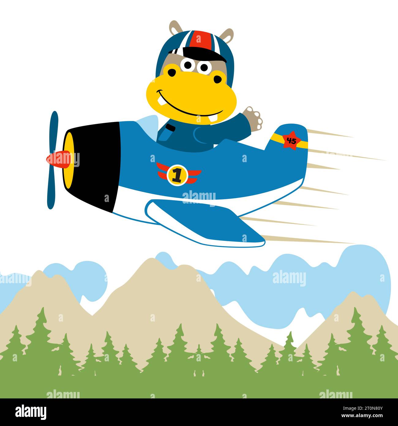 vector cartoon of funny hippo pilot on airplane flying across mountains ...