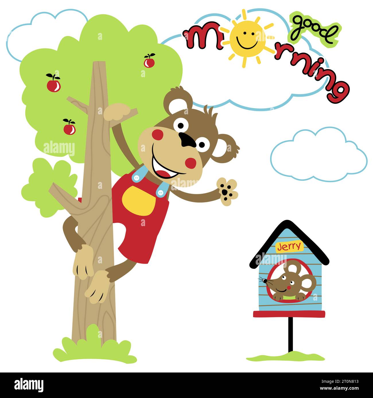Funny monkey climbing fruit tree with mice on cage, vector cartoon ...