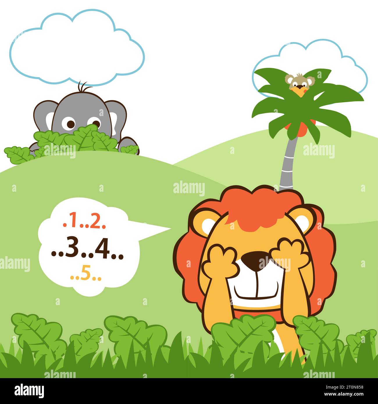 Cute animals playing hide and seek. Lion with elephant hiding in bush ...