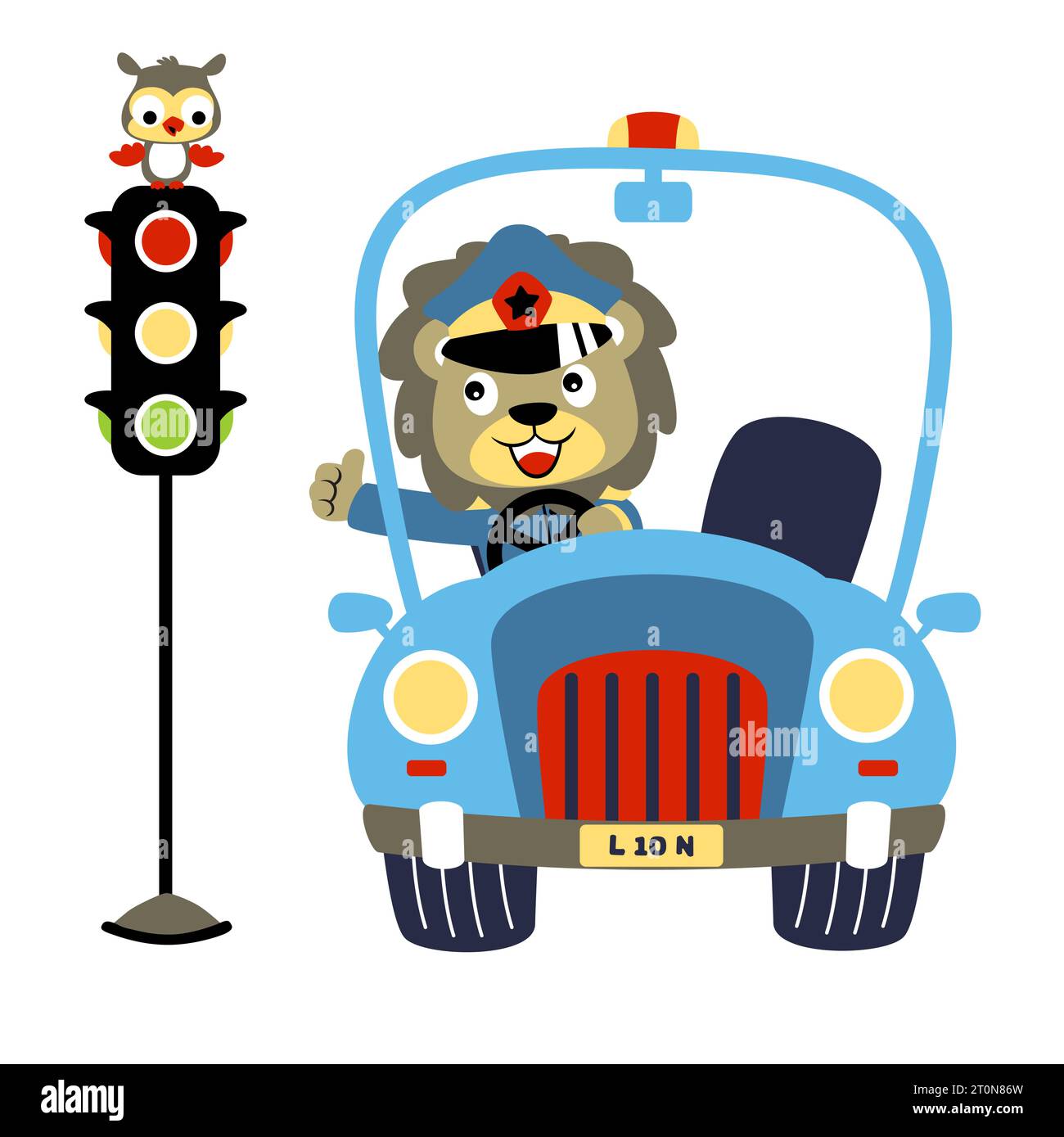 Cute lion on police car with little owl perch on stoplight, vector ...