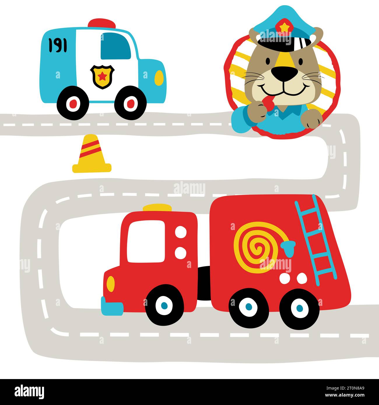Rescue vehicle in the road with funny cat holding whistle, traffic ...