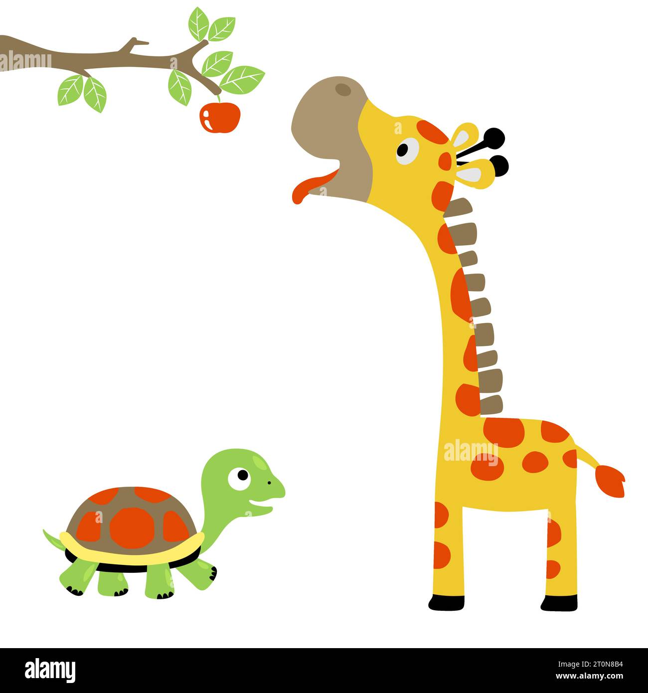 Cute turtle with giraffe try to picking fruit, vector cartoon ...