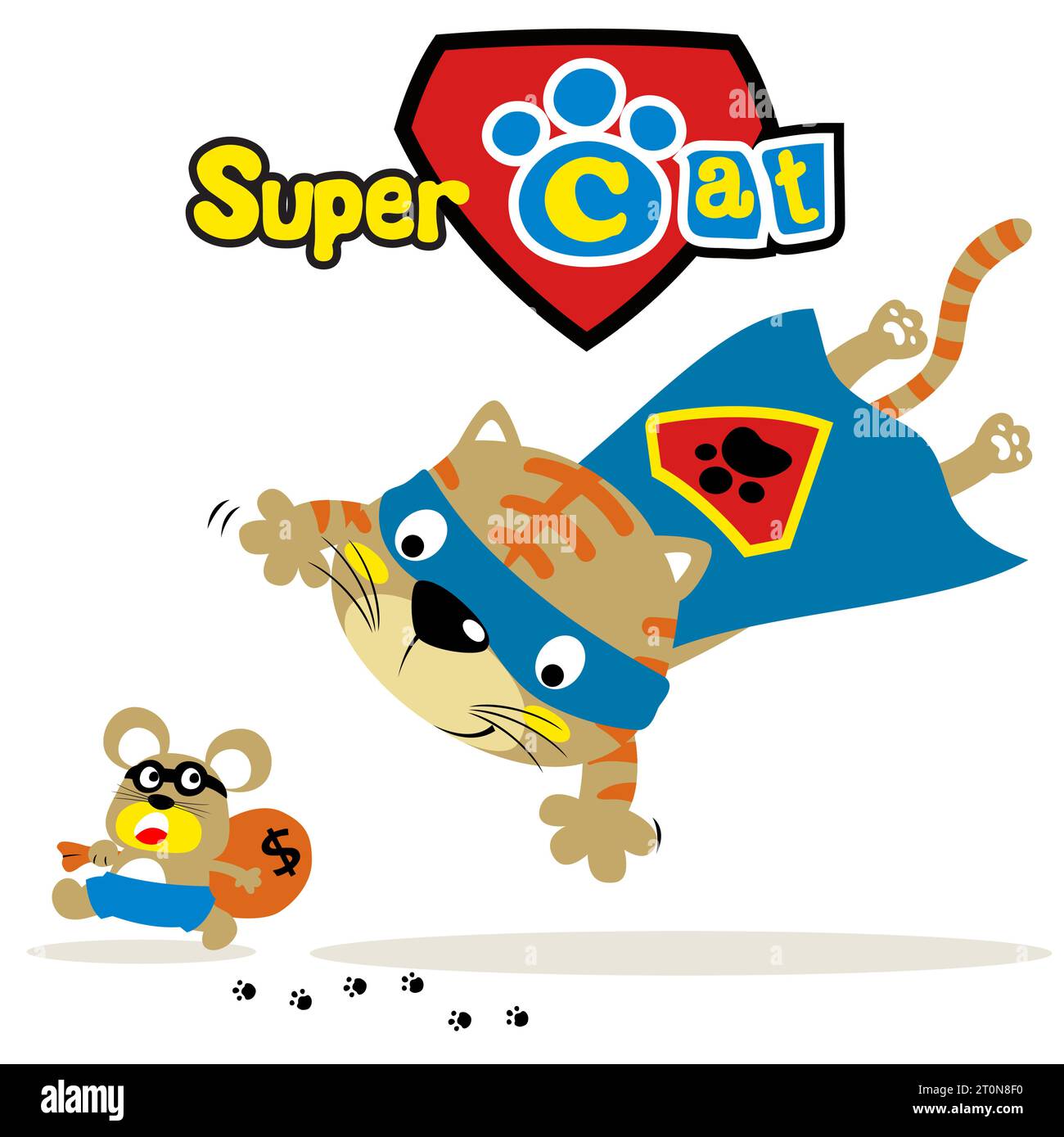 Vector cartoon of funny cat in superhero costume chasing criminal mouse ...