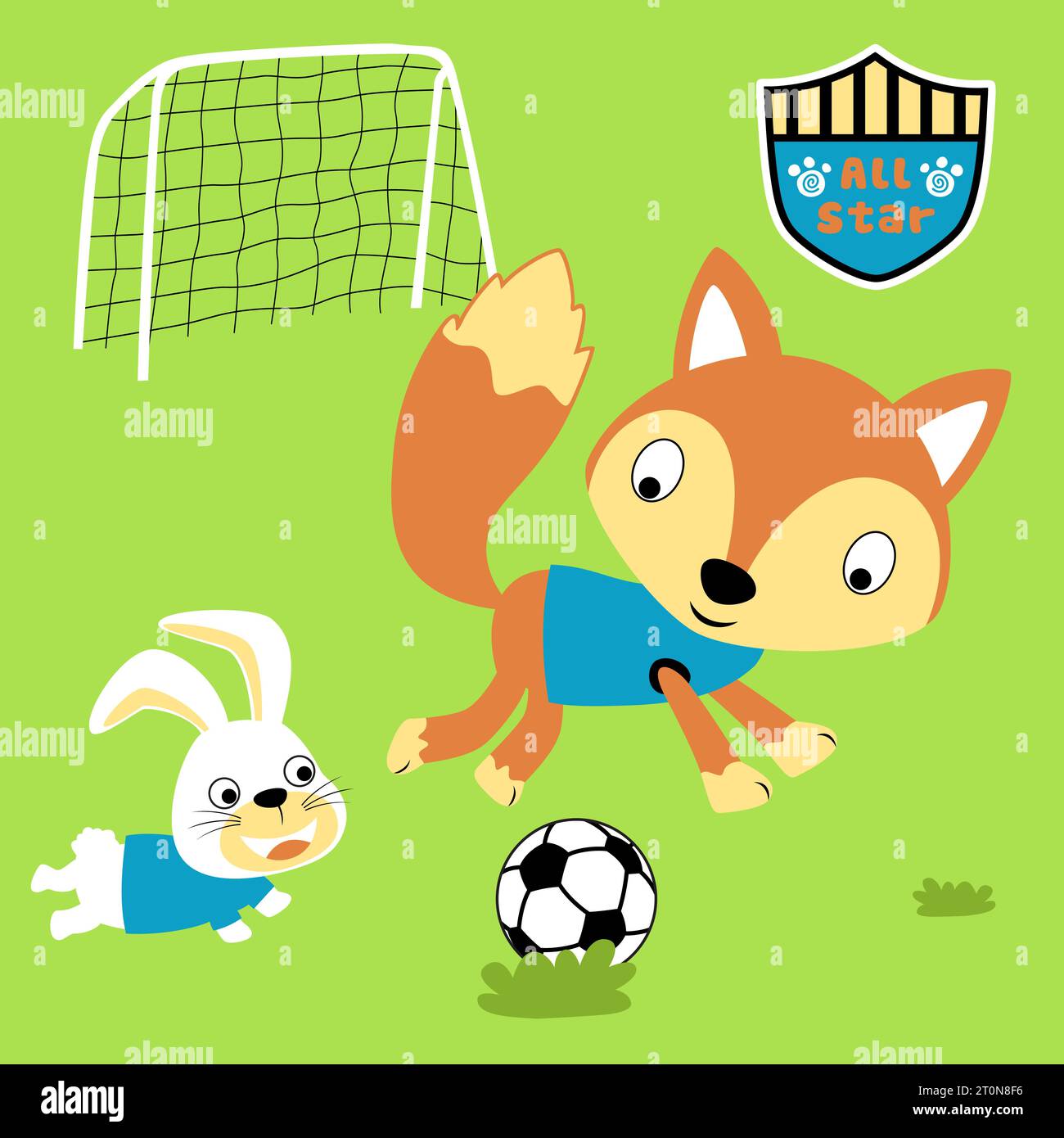 Cute fox with bunny playing soccer, vector cartoon illustration Stock ...