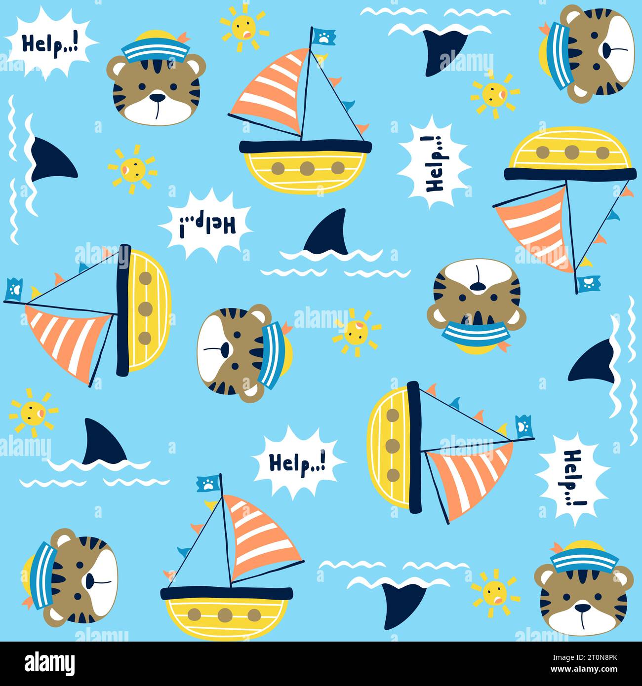 Vector cartoon seamless pattern of cute cat with sailing elements Stock ...