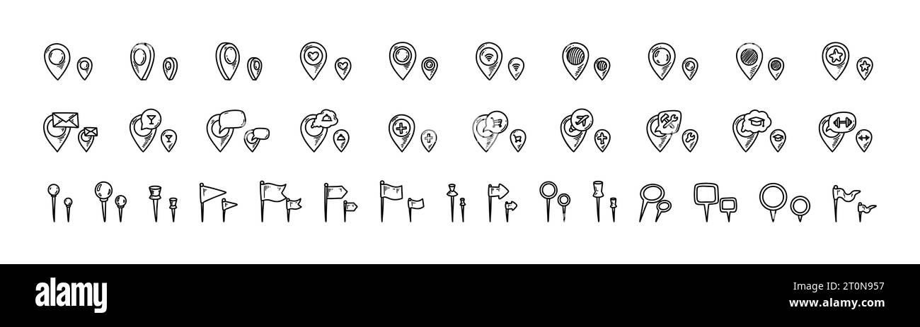 Navigation pinpoint, location map pins. Doodle sketch vector illustration. Big set of hand drawn ...
