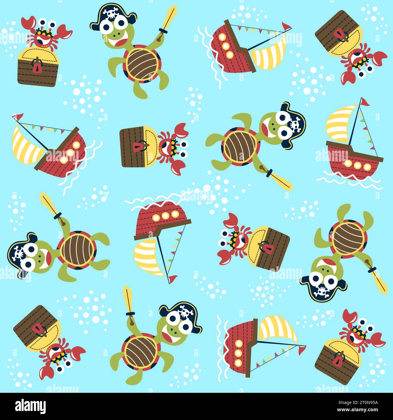 Vector cartoon seamless pattern of pirate elements with turtle and crab ...