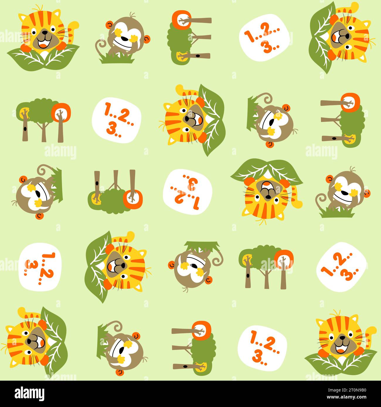 Vector cartoon seamless pattern with cute animals. Tiger and monkey ...