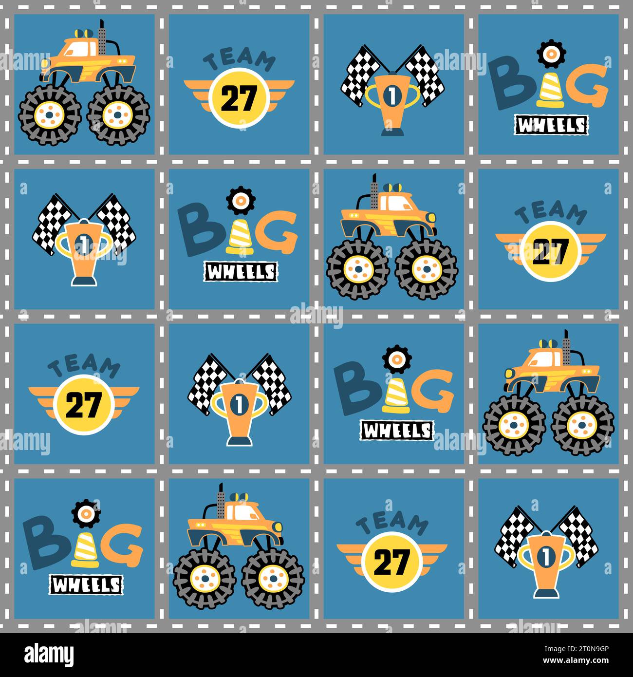 Vector cartoon seamless pattern of monster truck with car racing ...