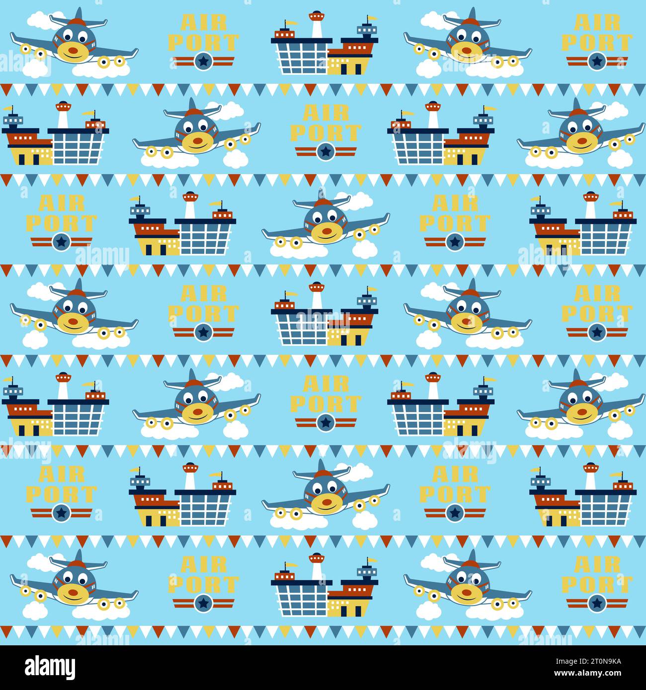 vector cartoon seamless pattern of funny airplane with airport elements ...