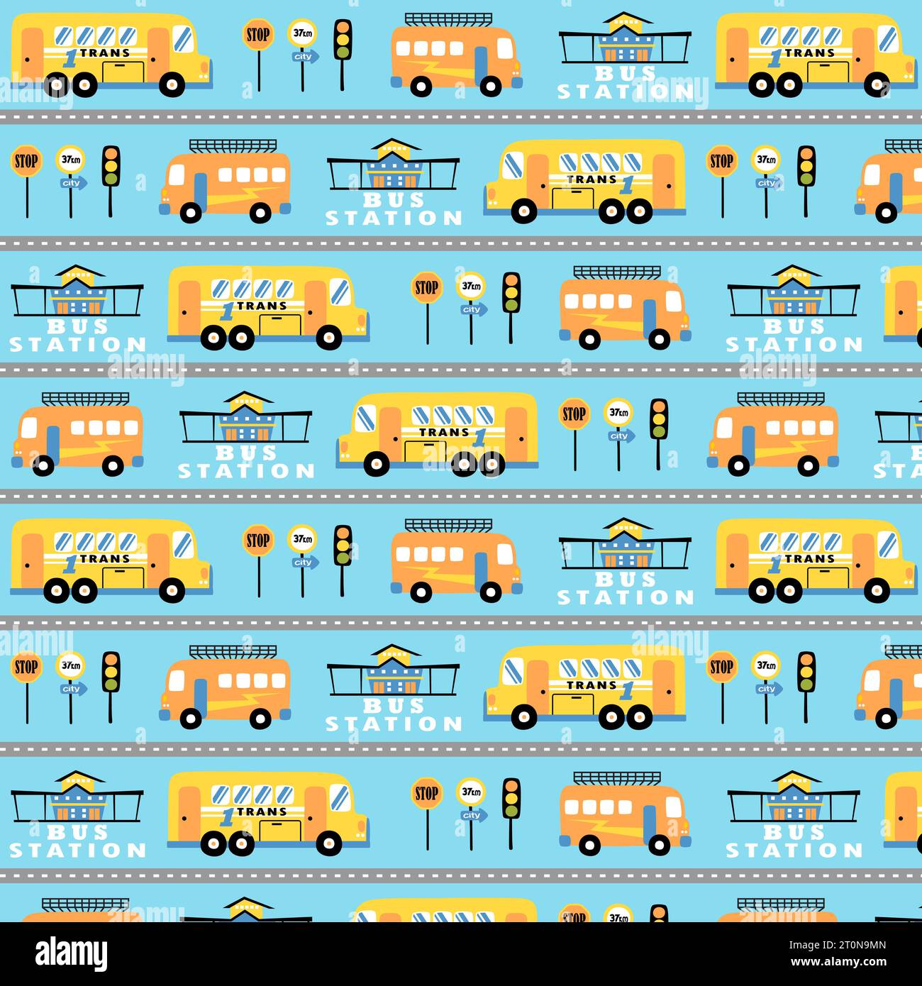 Vector cartoon pattern of buses with bus station and road sign Stock ...