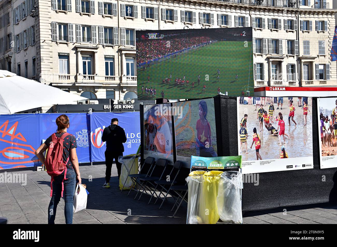 Marseille, France. 07th Oct, 2023. A woman watches a rugby match ...