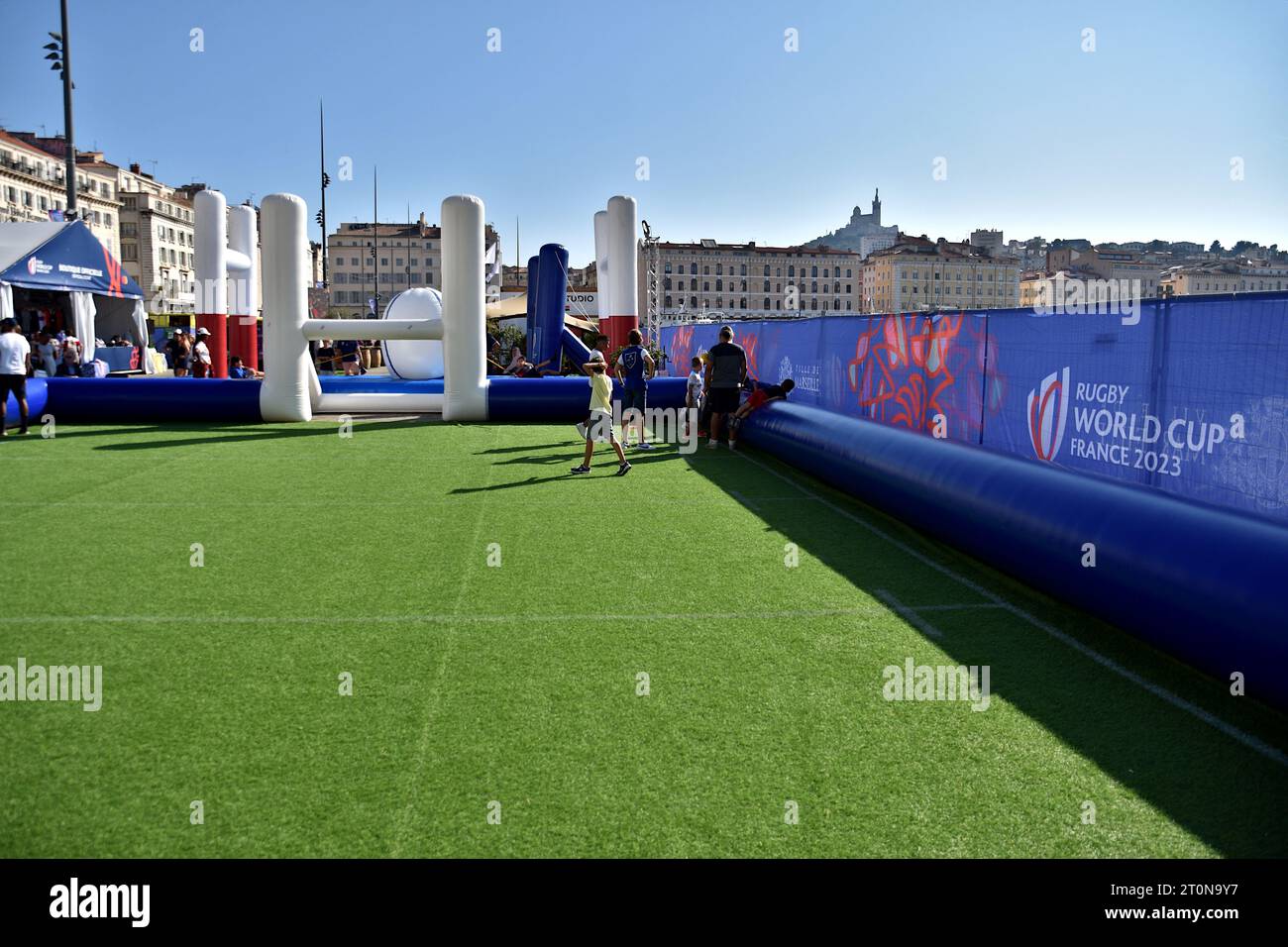 Marseille, France. 07th Oct, 2023. Children play rugby on a playground ...