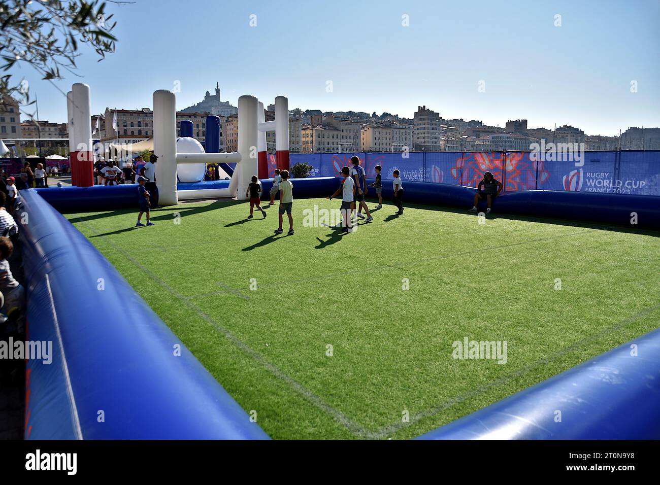 Marseille, France. 07th Oct, 2023. Children play rugby on a playground ...