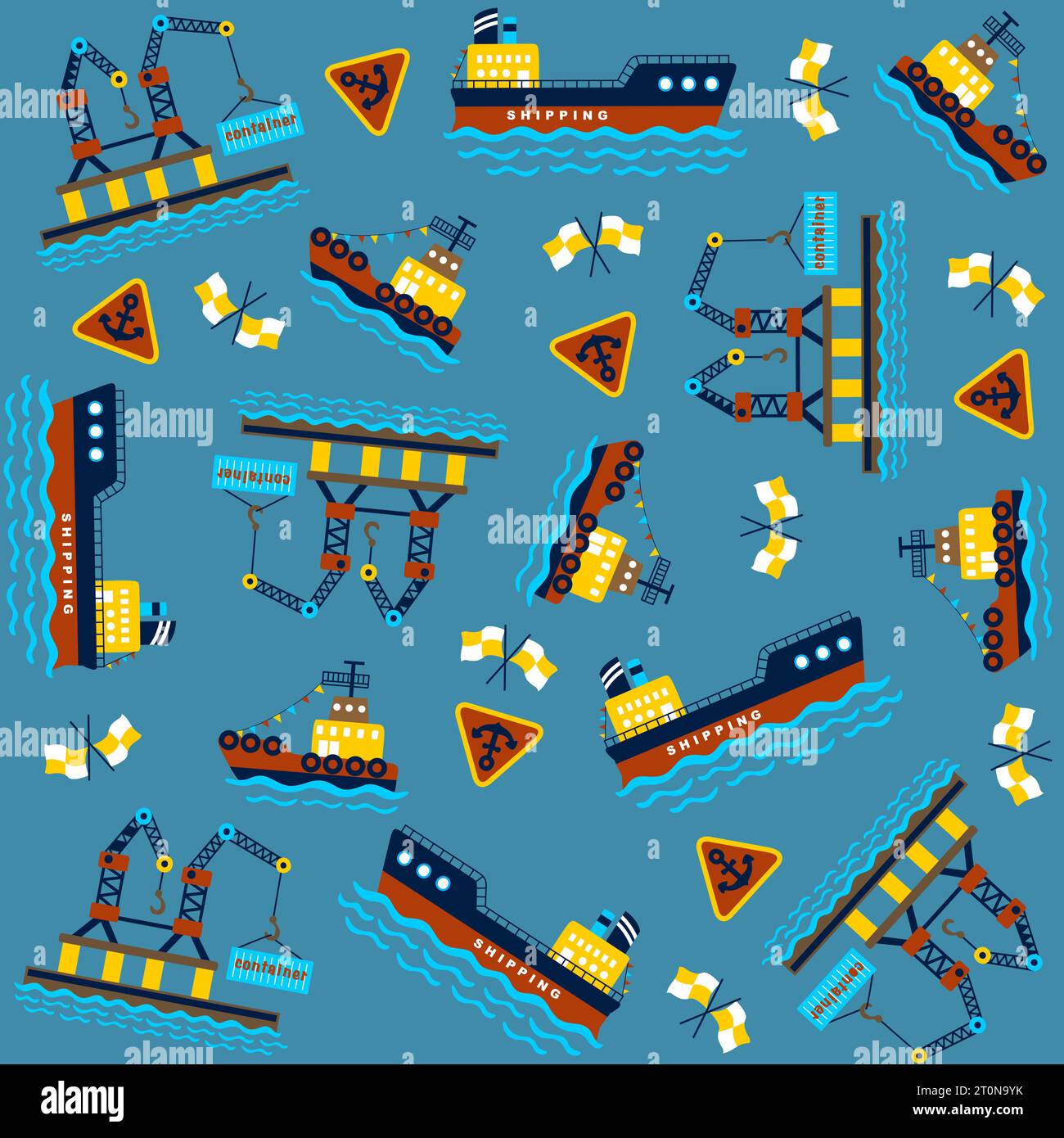 vector cartoon seamless pattern of cargo ship with port elements Stock ...