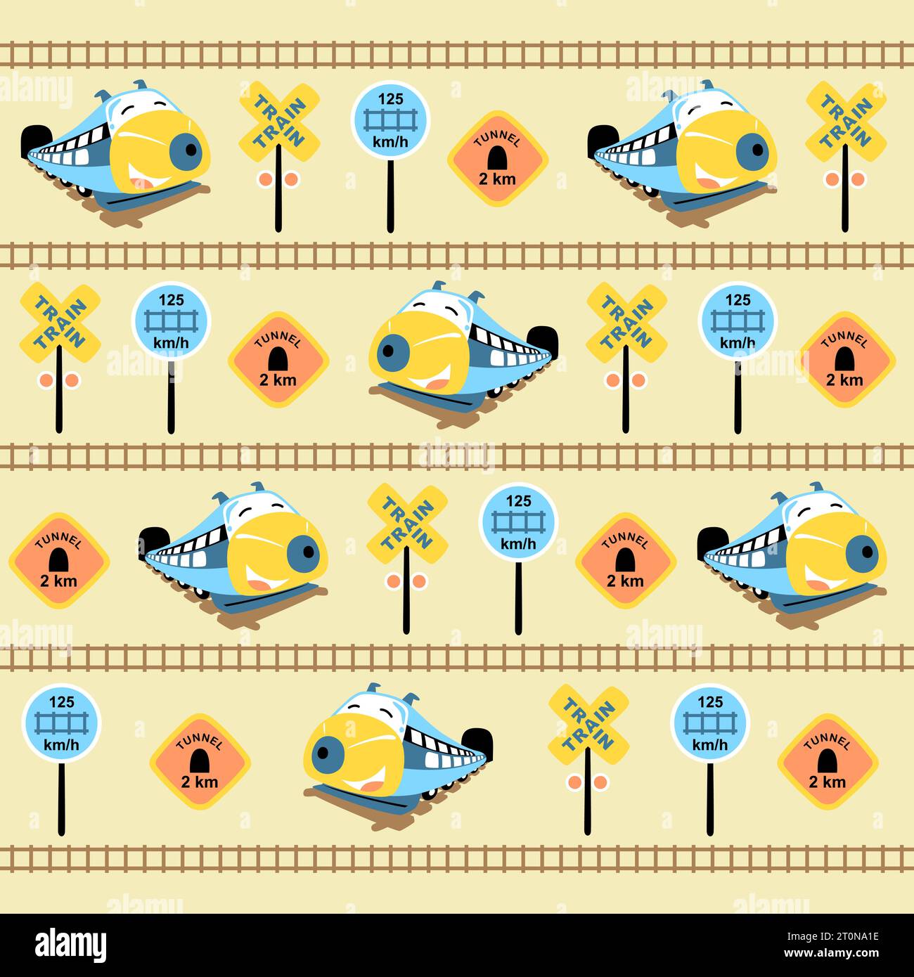 vector cartoon seamless pattern of funny fast train with railroad signs ...