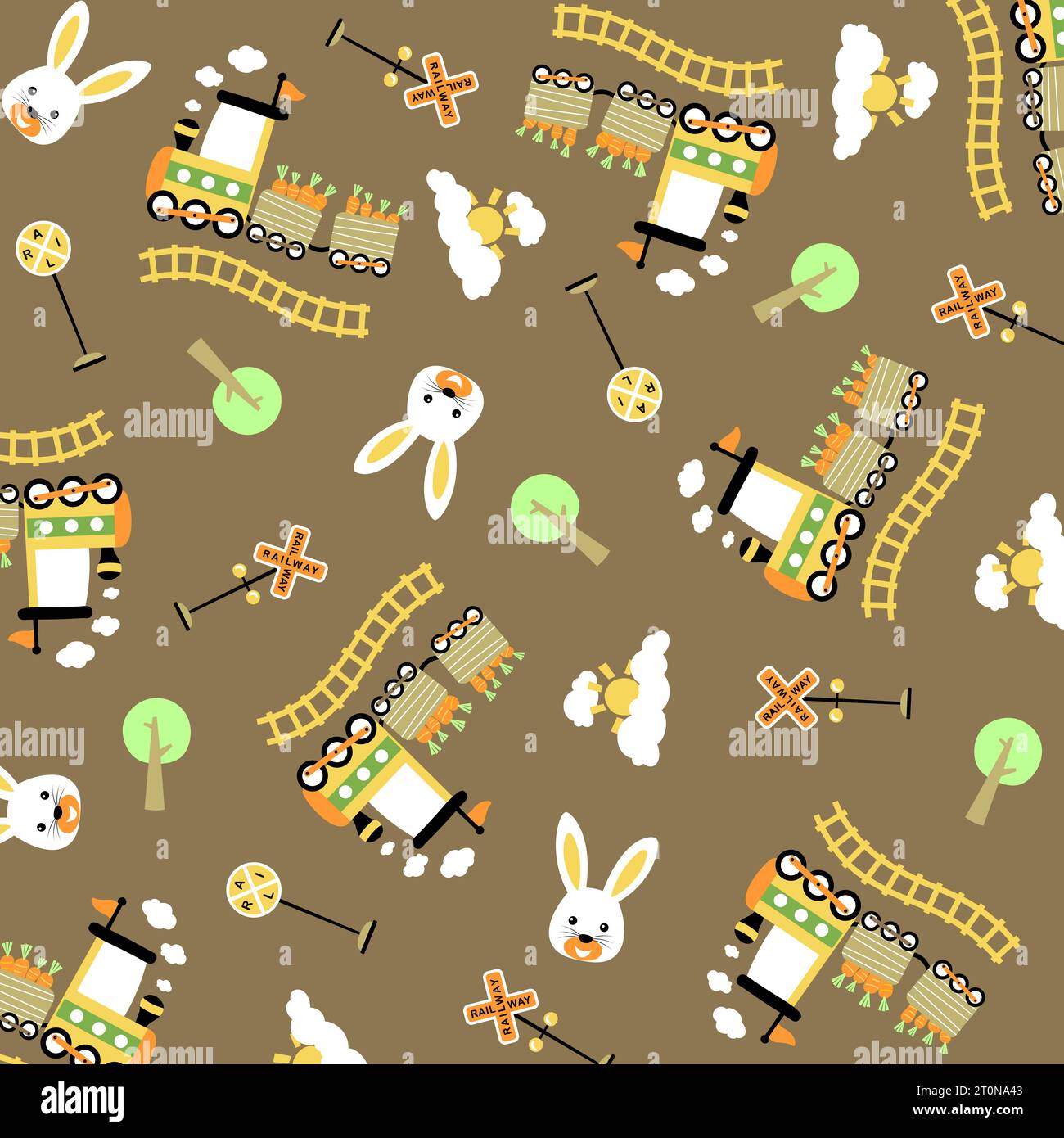 Vector cartoon pattern. Steam train elements with funny rabbit Stock ...