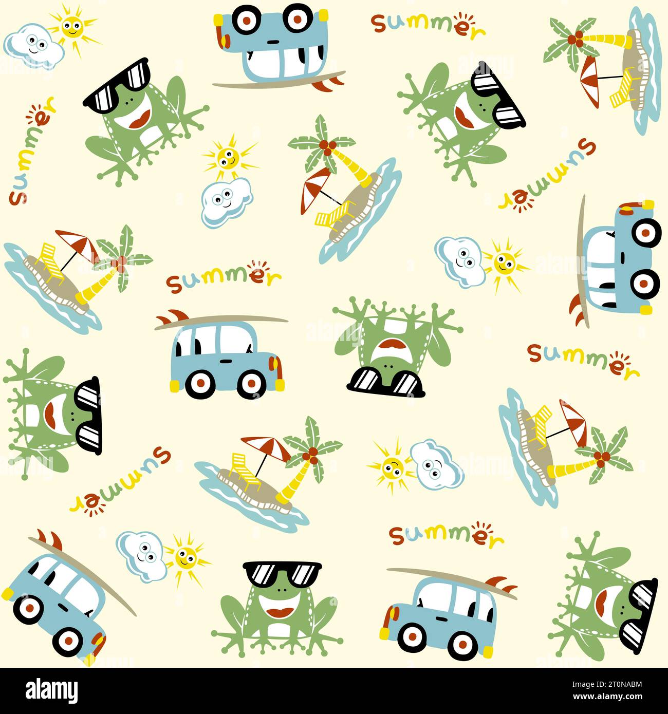 vector cartoon seamless pattern, cute frog wearing sunglasses with car, beach summer vacation ...