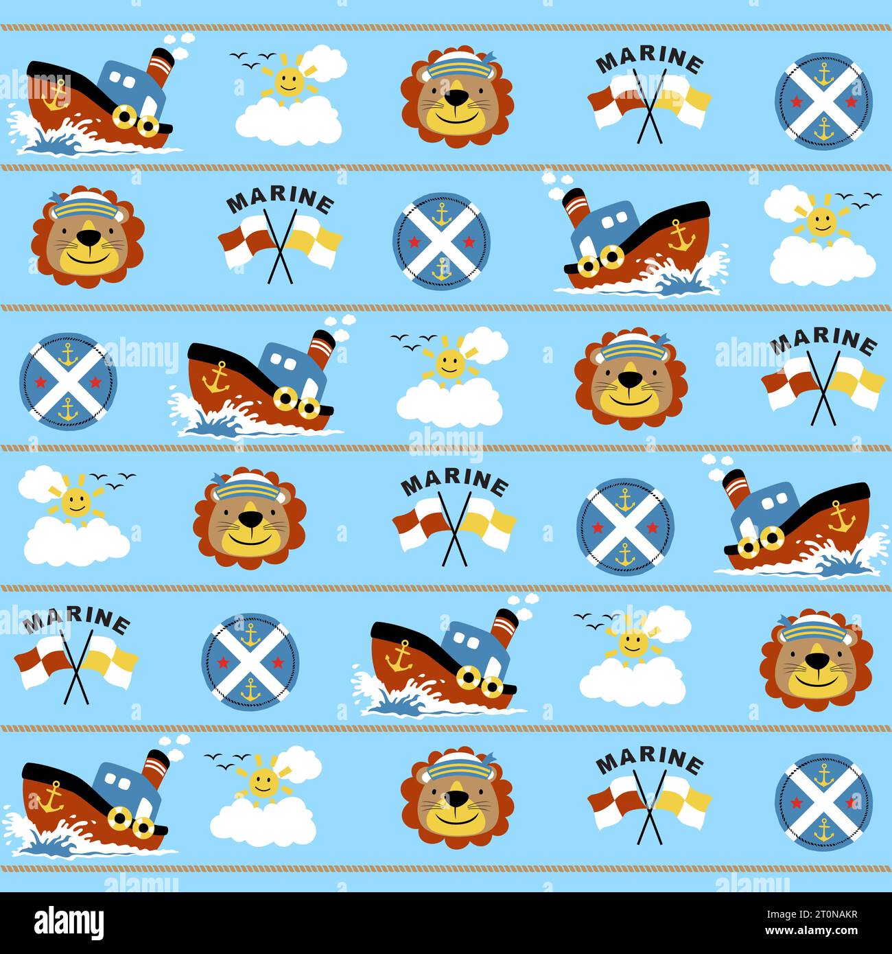 Vector cartoon seamless pattern of sailing elements with funny lion ...