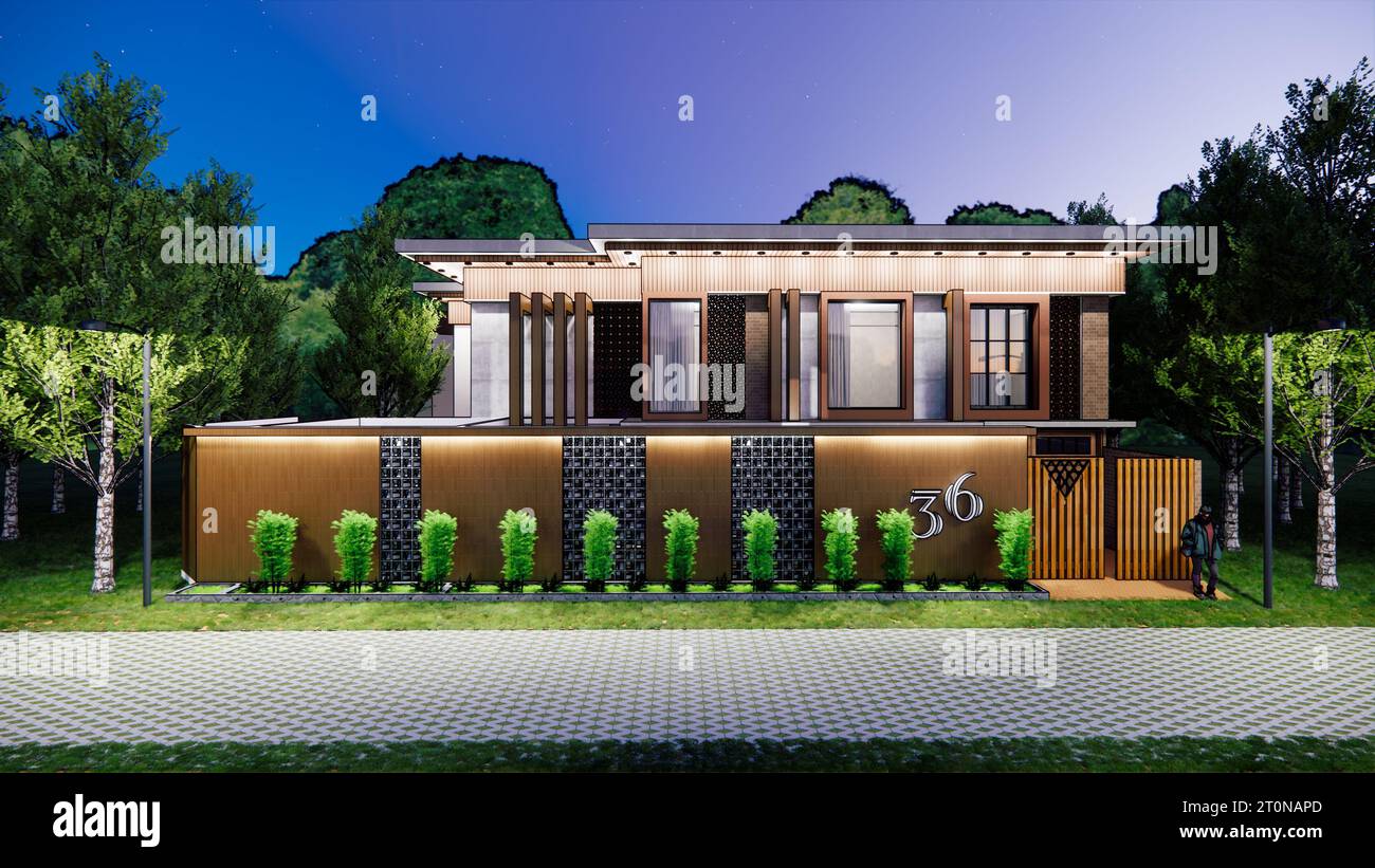 Two floor boarding house facade with wood material for building accent ...