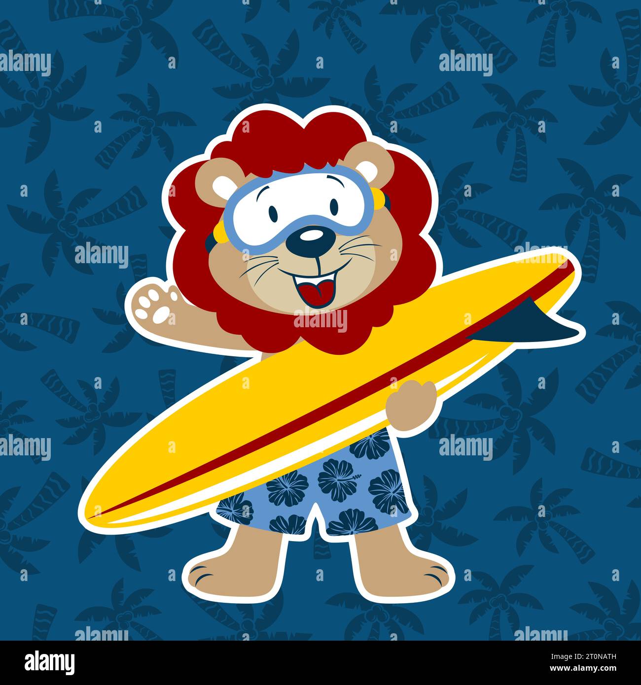 Cute lion holding surfboard on palm tree background pattern, vector ...