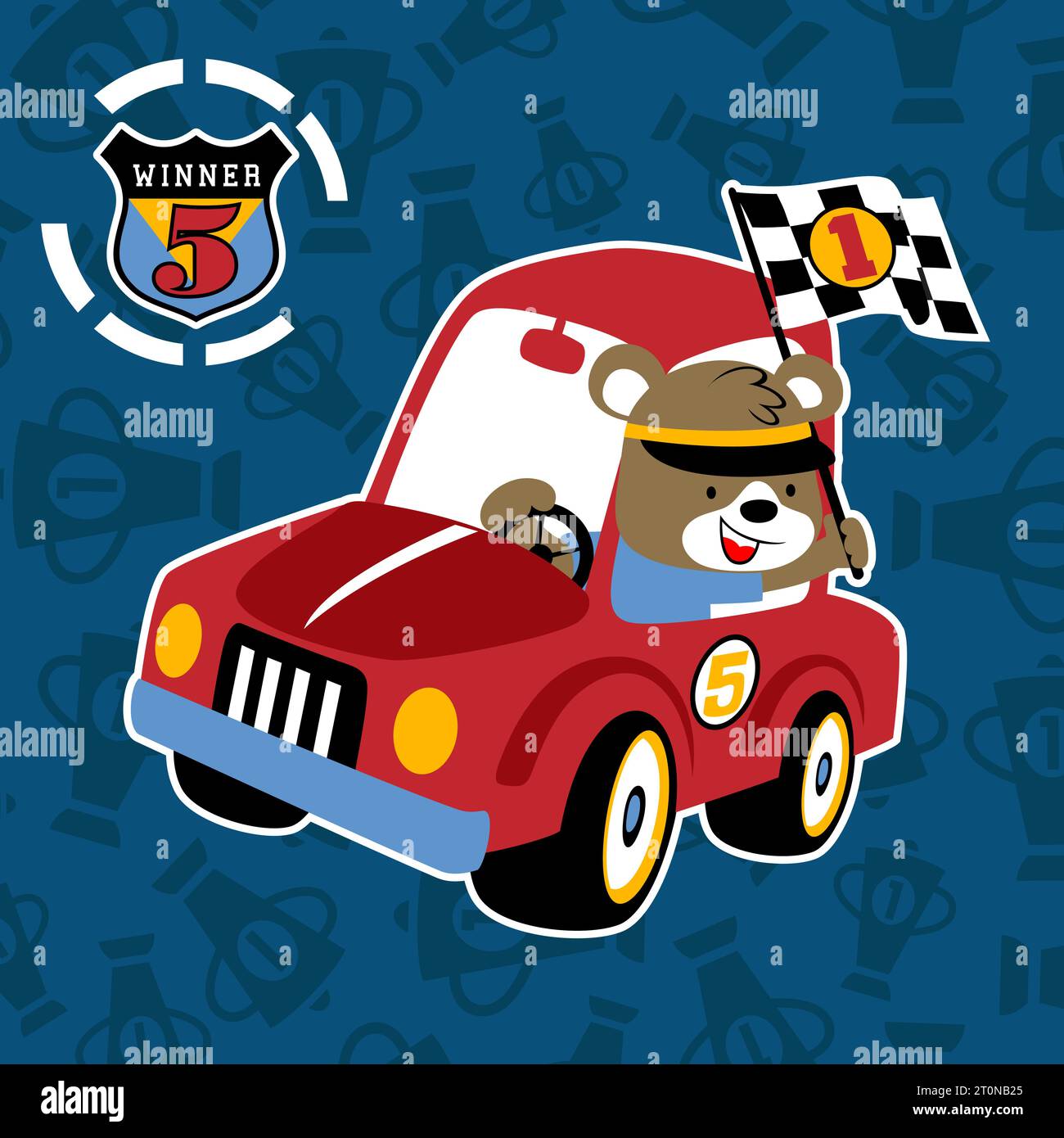 vector cartoon of funny bear on racing car holding finish flag with ...