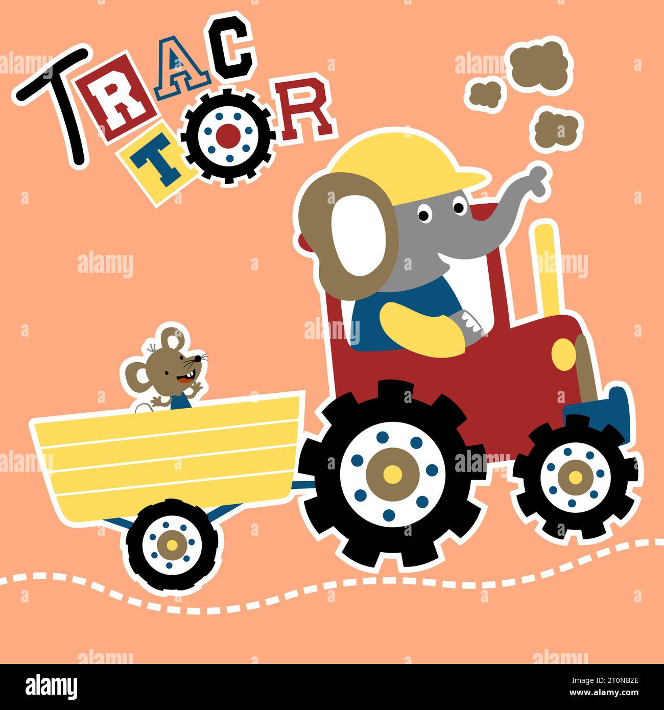 Cute elephant driving tractor pulling mice with cart, vector cartoon ...