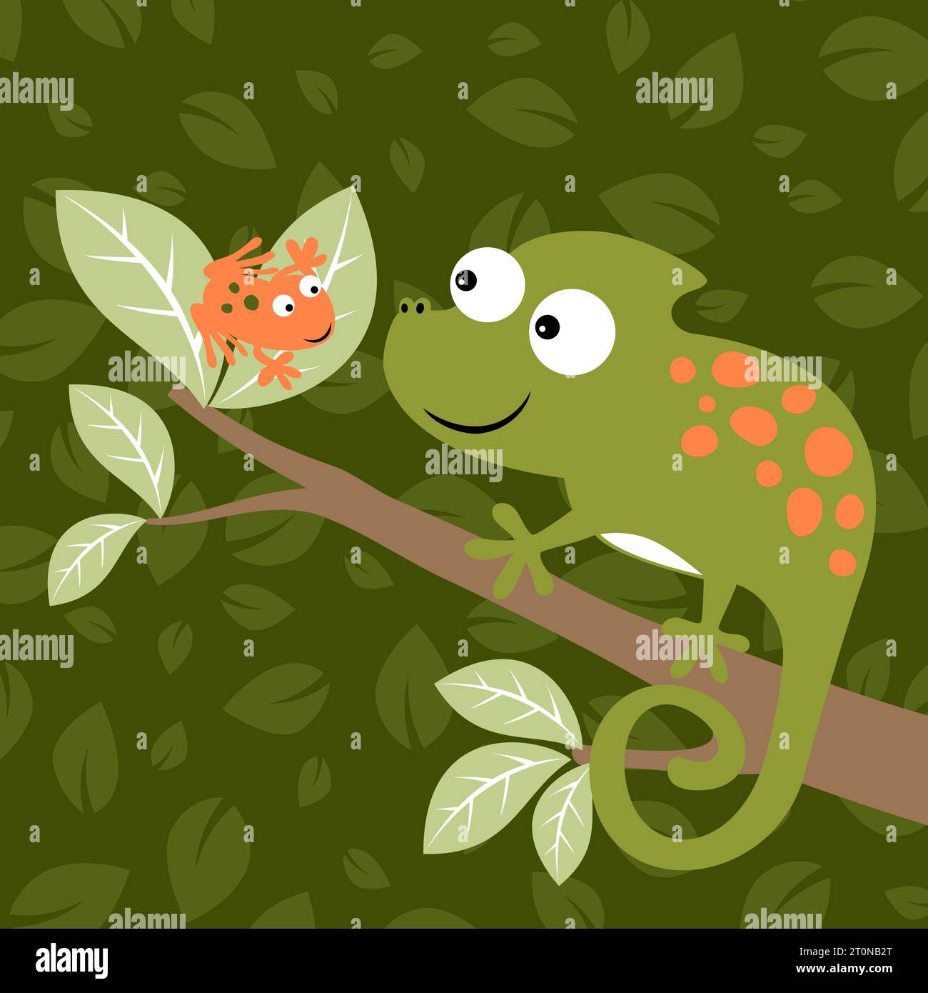 Funny chameleon with frog in tree branches on leaves background pattern ...