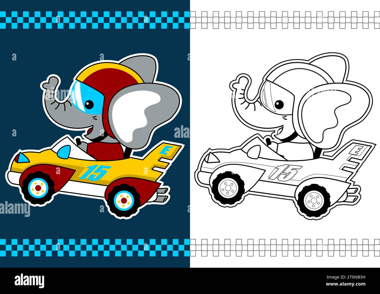 Cute elephant on racing car, vector cartoon. Coloring page or book ...