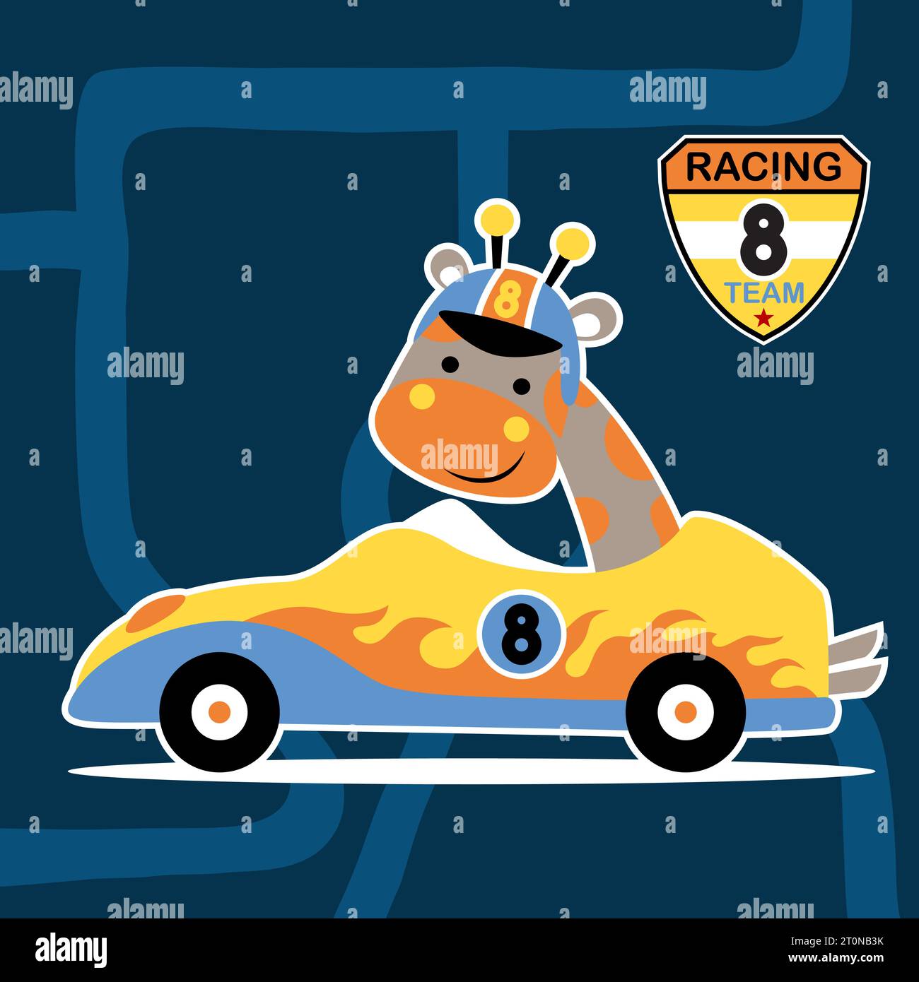 vector cartoon of cute giraffe on racing car with racing logo Stock ...