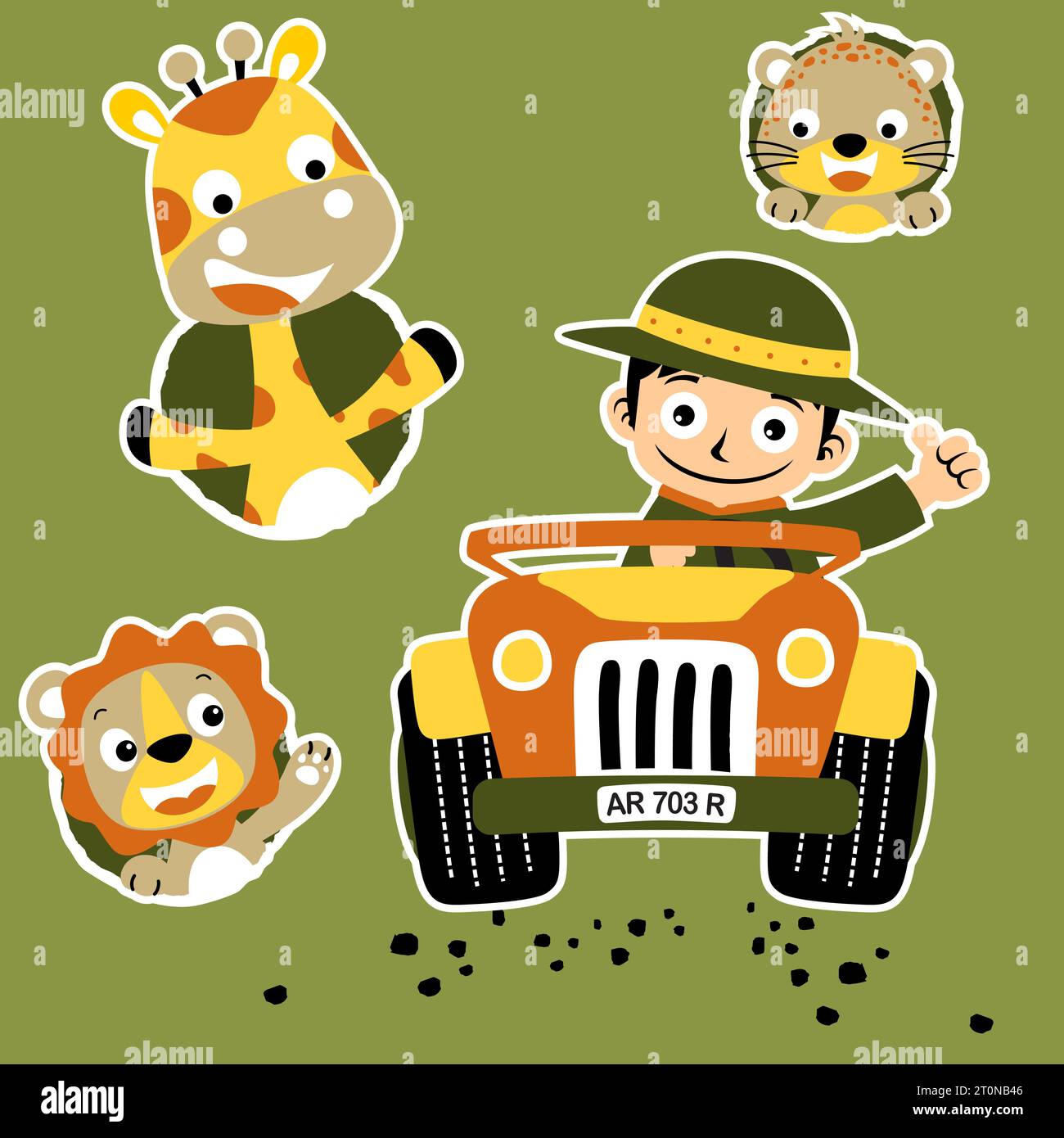 Boy driving a car with cute animals smiling face, vector cartoon ...