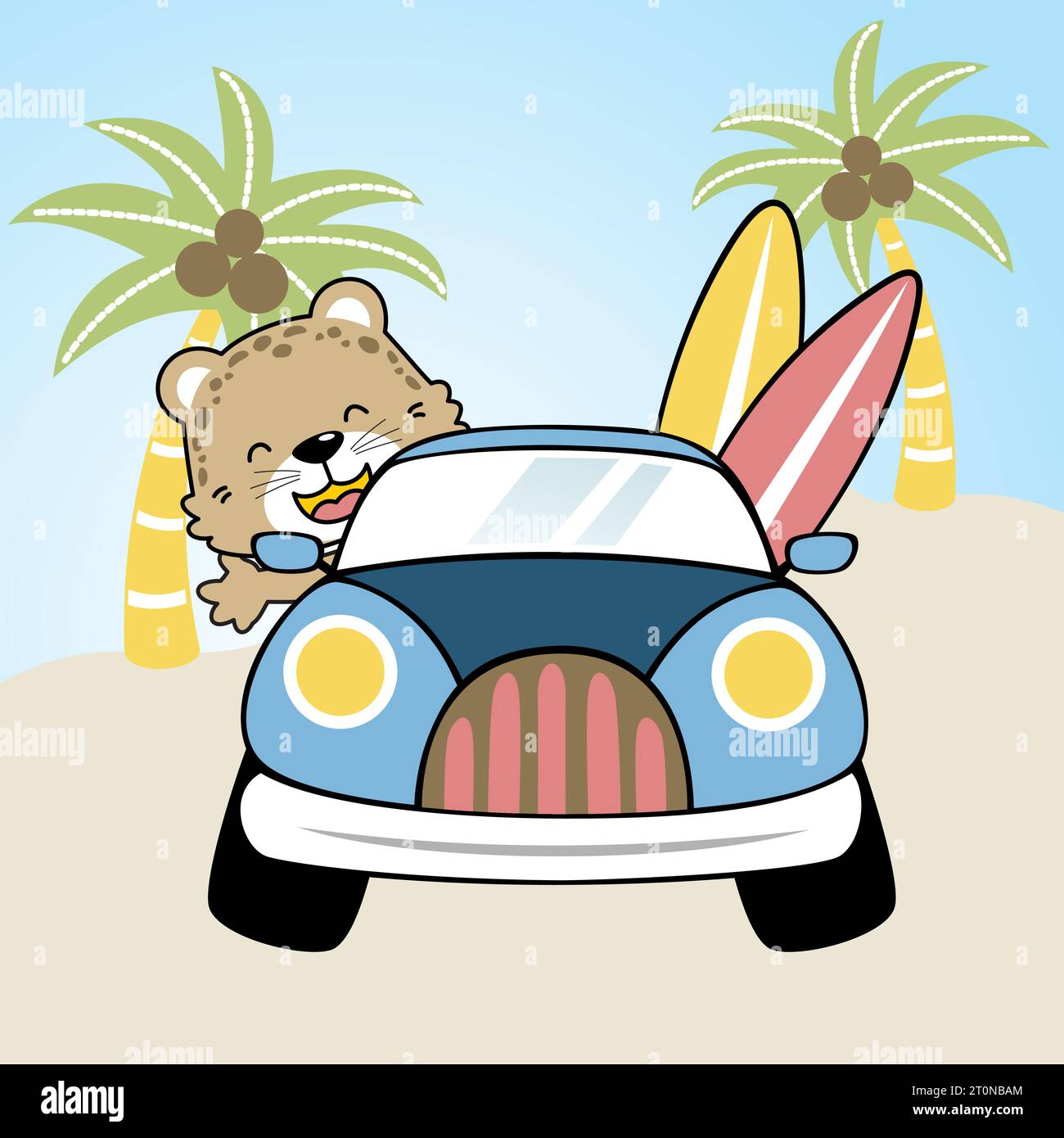 cute leopard on car in the beach, vector cartoon illustration Stock ...