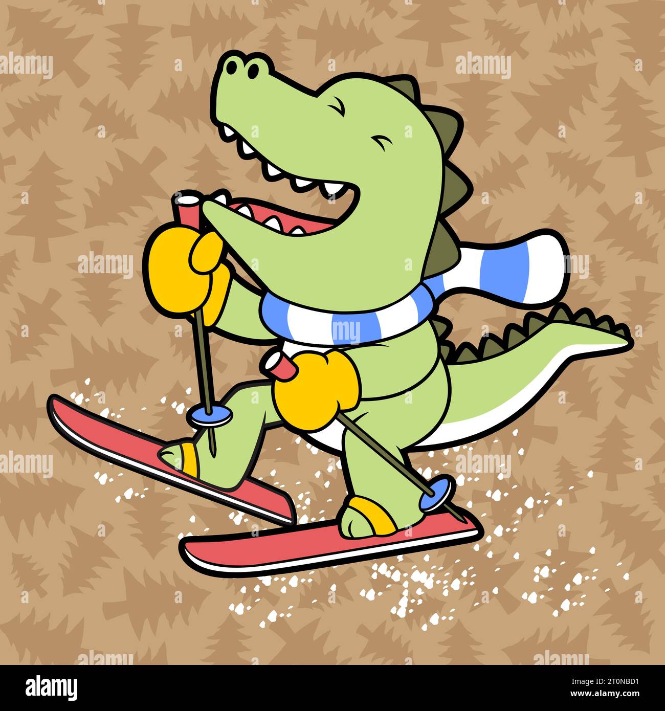 Cute dinosaur play ski on pine trees background pattern, vector cartoon ...