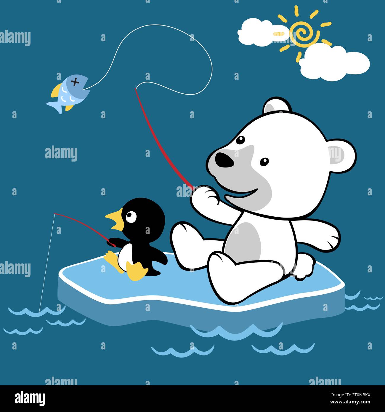 Cute polar bear with little penguin fishing on ice chunk, vector ...