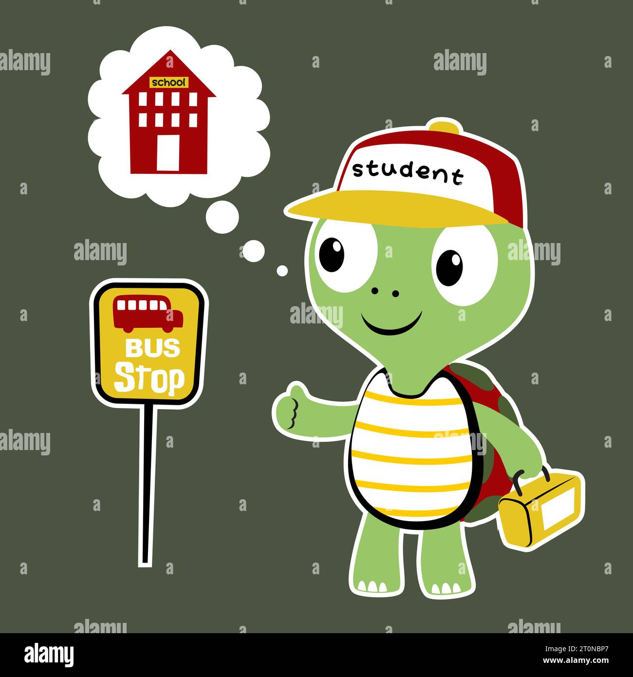 Cute turtle waiting for school bus in bus stop, vector cartoon ...