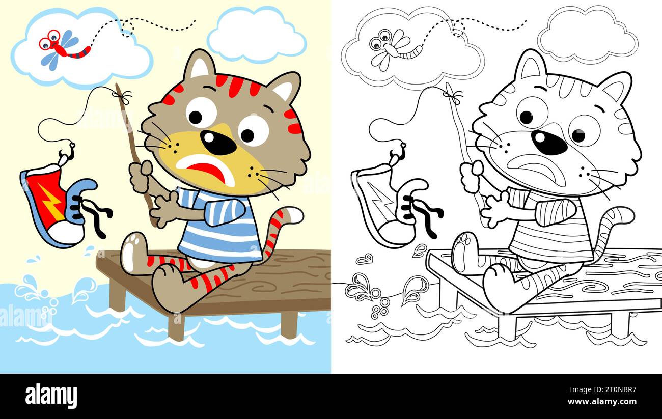 funny cat with dragonfly fishing in river get a shoe, vector cartoon ...
