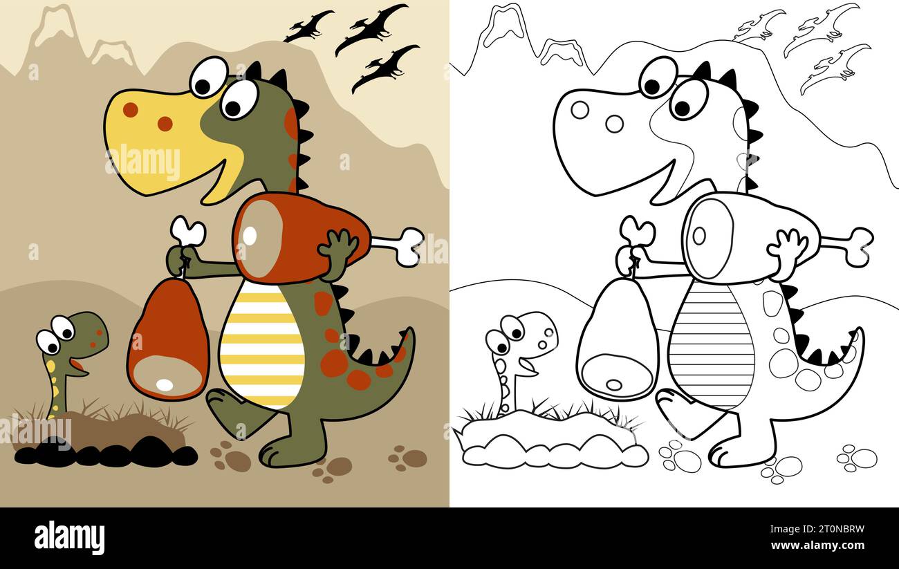 Funny dinosaur carrying meat for it cub, vector cartoon, coloring page ...
