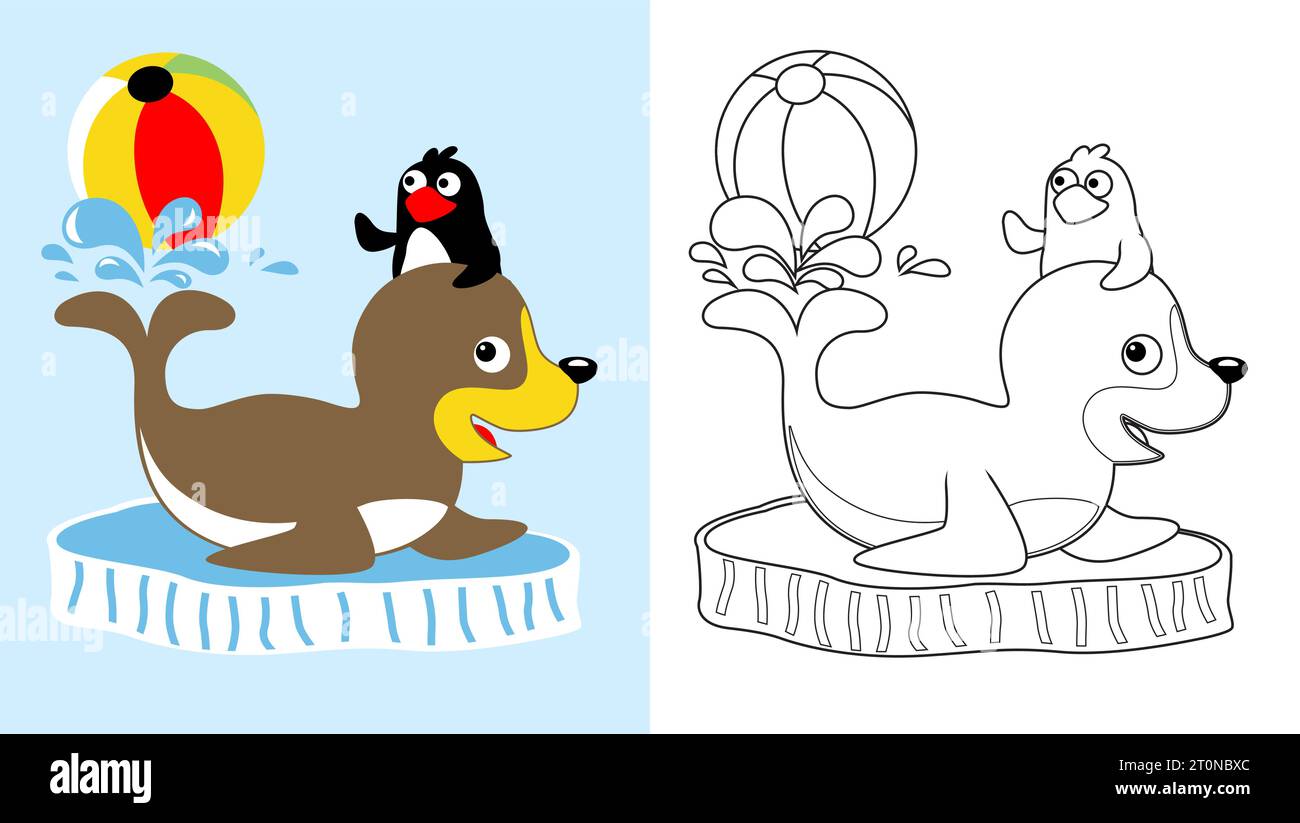 Cute seal with penguin playing ball on ice chunk, vector cartoon ...